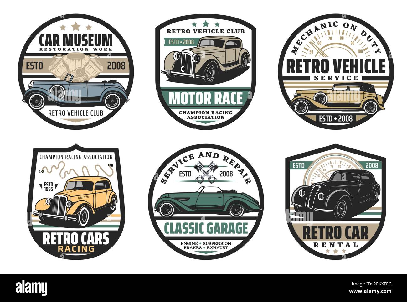 Car restoration and motor race, retro vehicles museum isolated icons ...