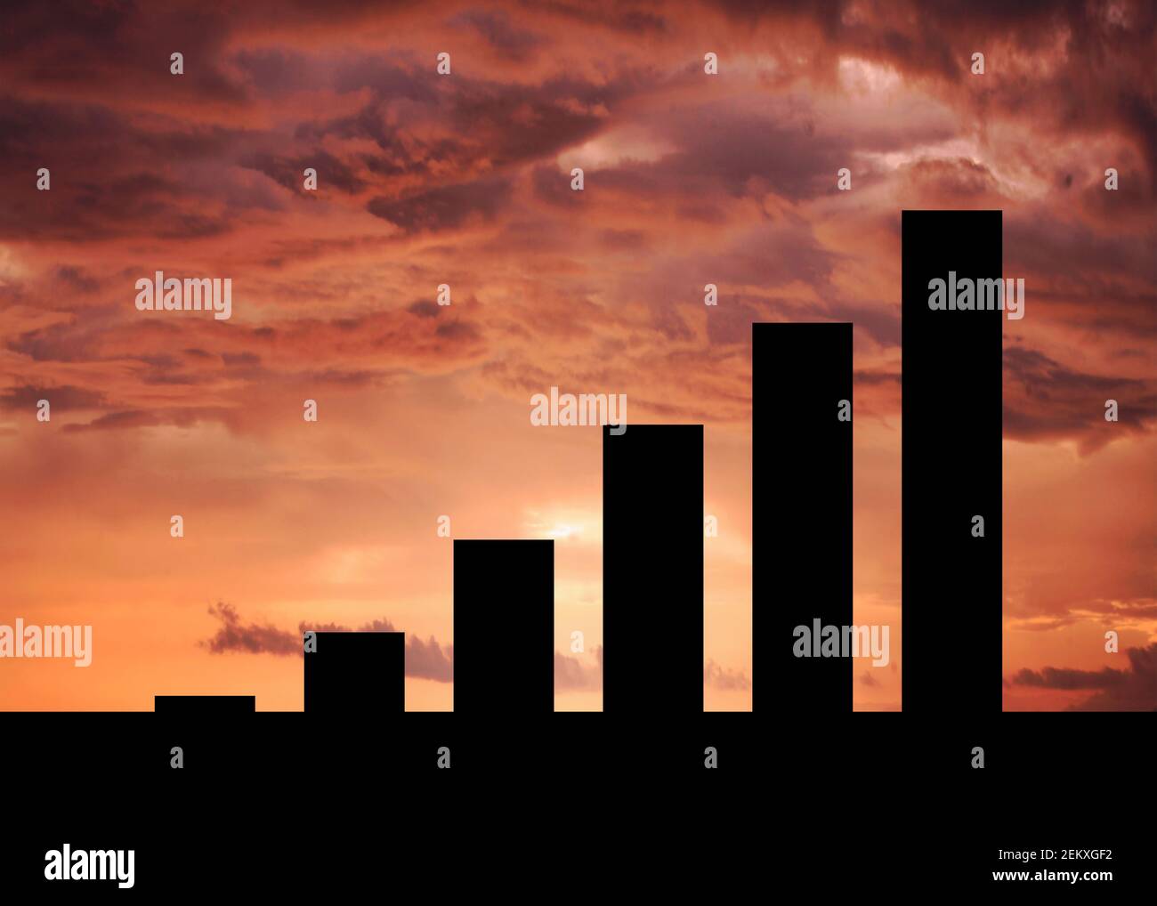 Rising Bar chart vertical columns silhouette sunset. business growth ...