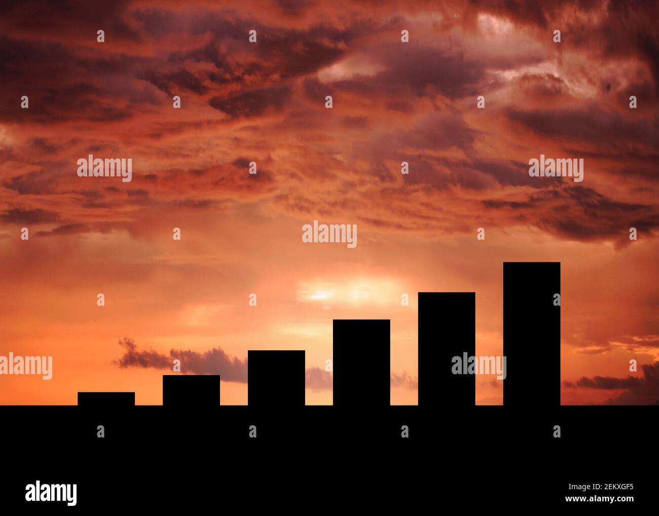 Column chart sunset, bar chart silhouette on orange sunset sky ...