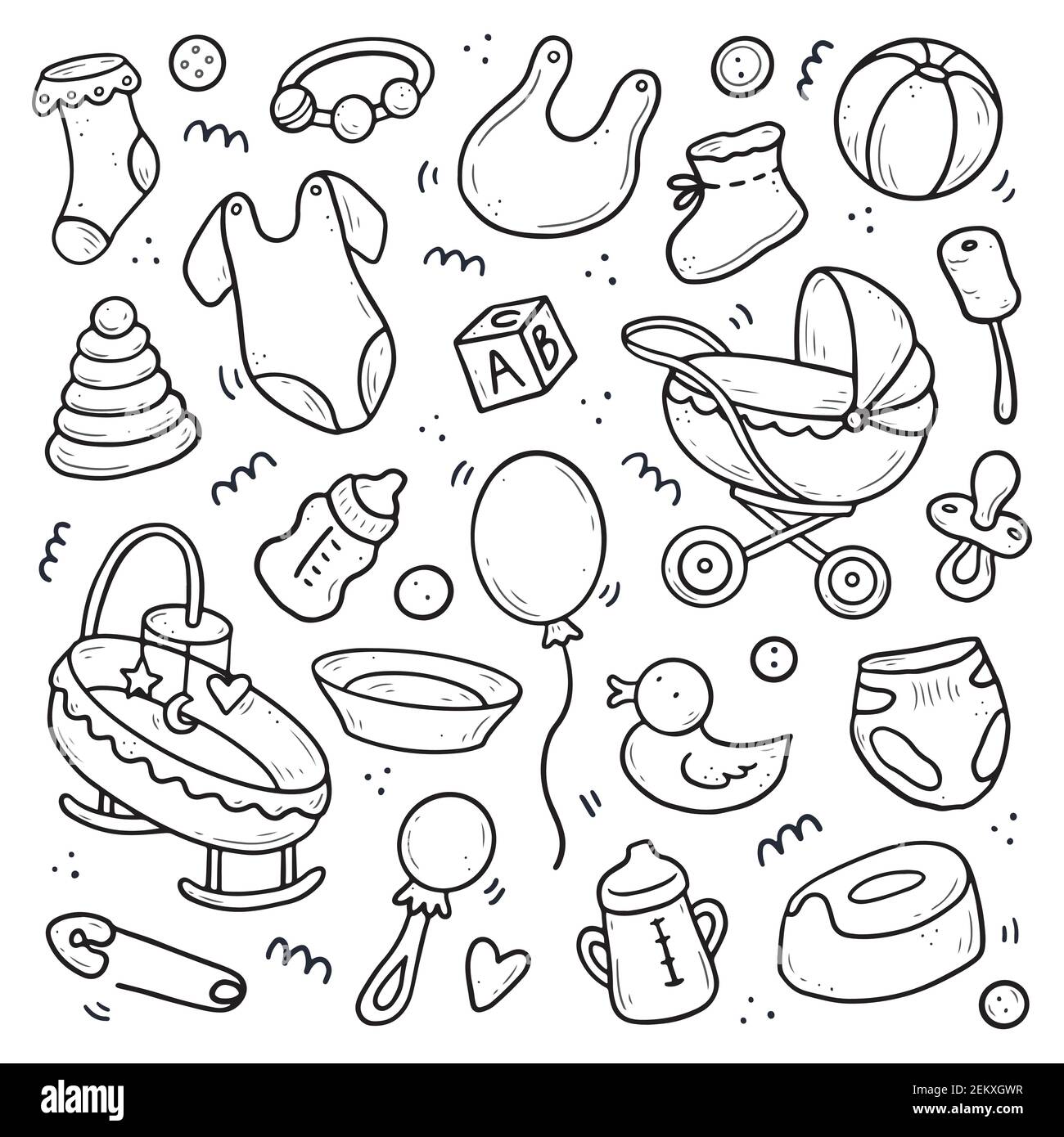 Hand drawn set of baby shower things, toy, rattle, milk bootle, clothes ...