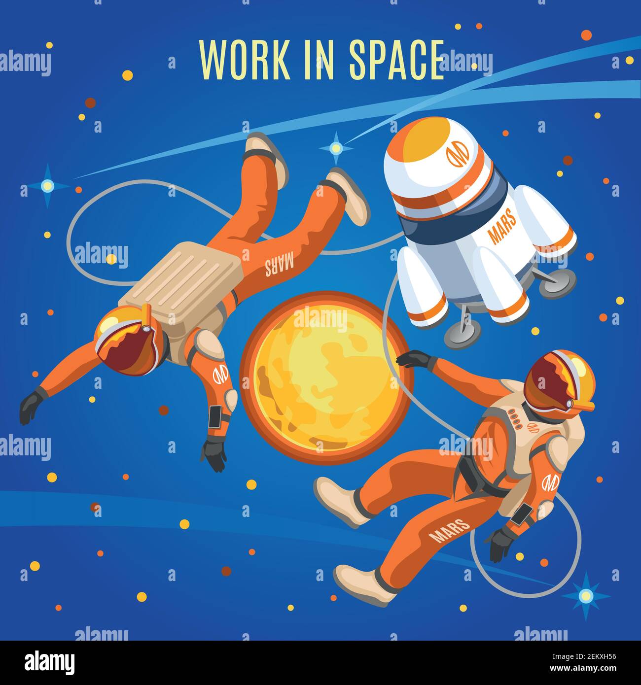 Work in space isometric composition on blue background with astronauts ...