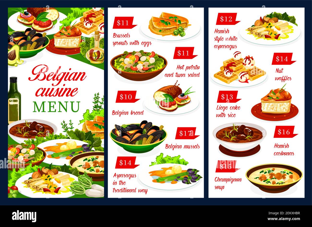 Belgian cuisine restaurant menu vector template of meat and seafood ...
