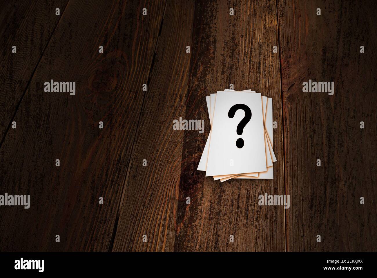 Question mark in dark brown wood table grunge - top view Stock Photo ...
