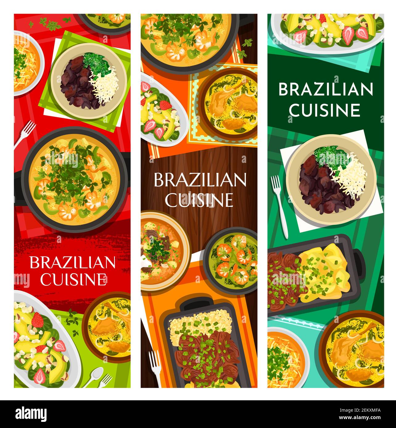 Brazilian cuisine vector meals corn chowder, black bean stew feijoada ...
