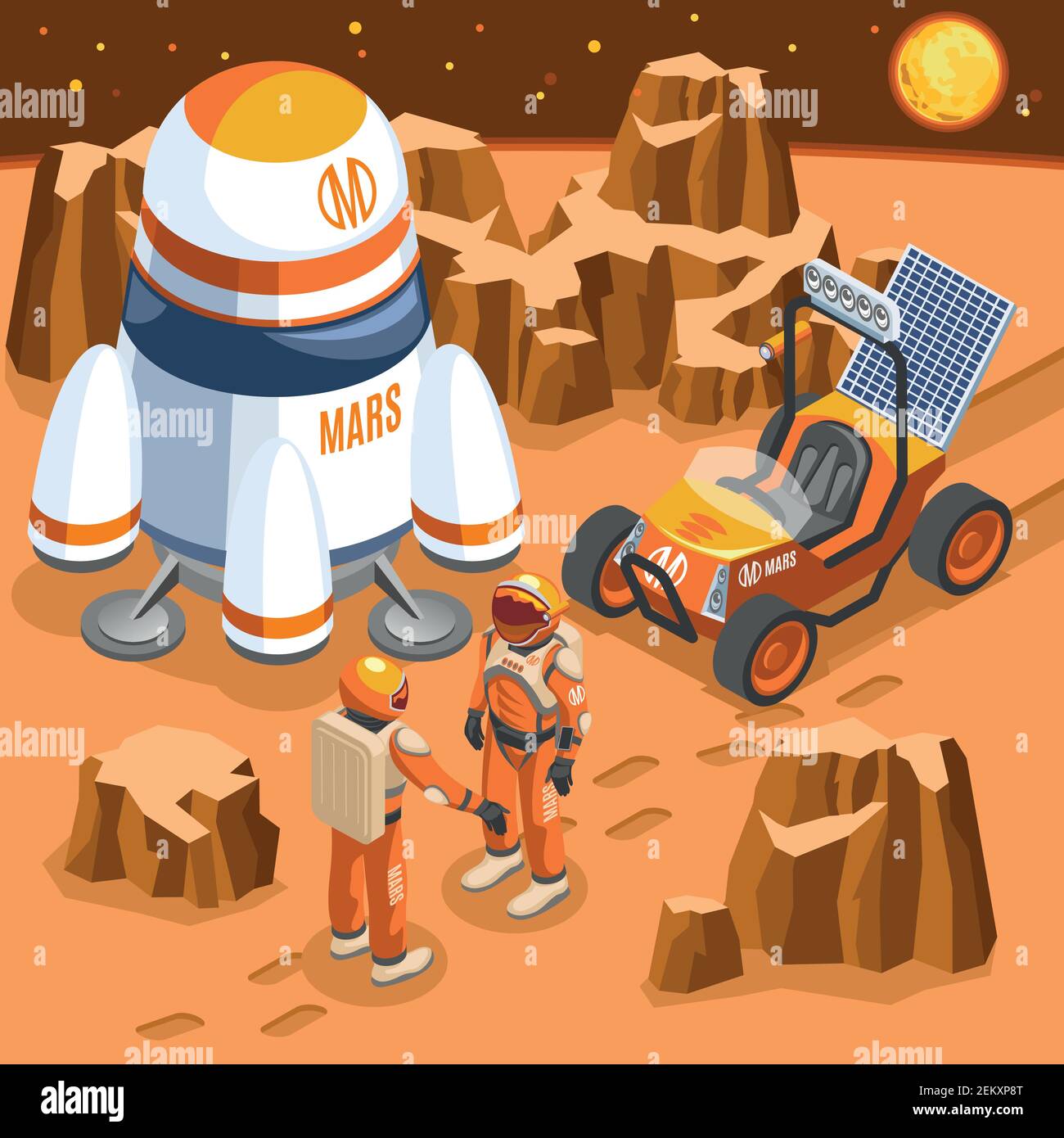 Mars exploration composition with astronauts, space ship, car with ...