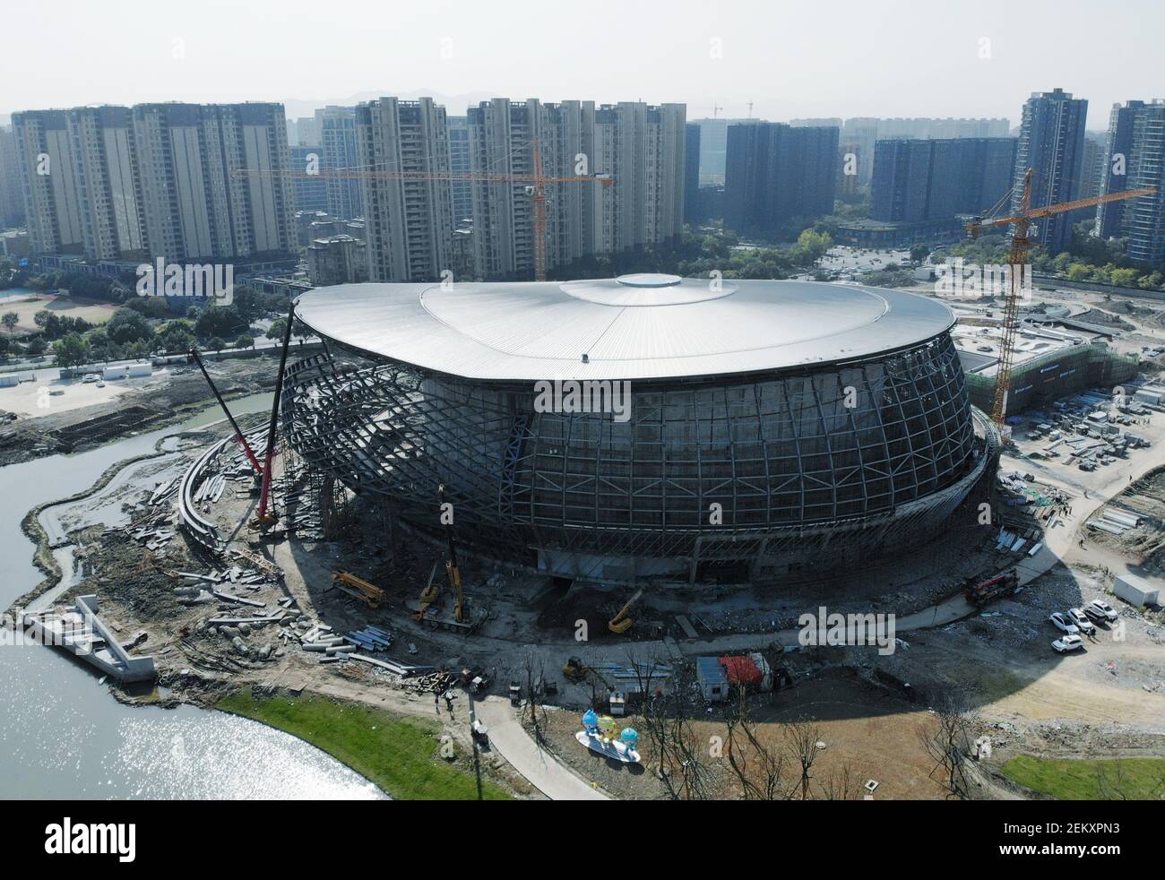 Aerial view of the construction of the ping pong stadium for 2022 Asian ...