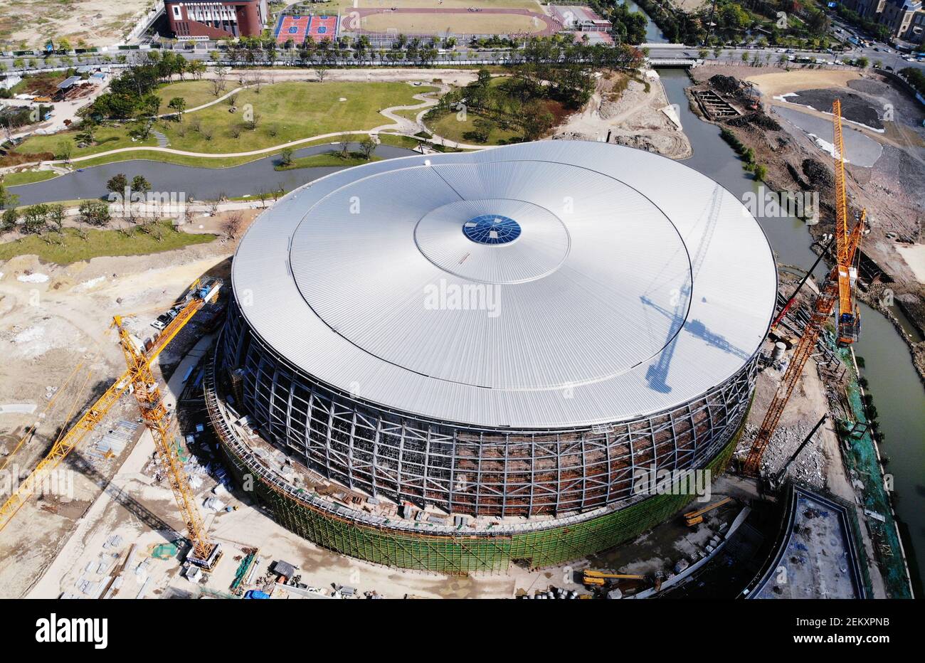 Aerial view of the construction of the ping pong stadium for 2022 Asian ...
