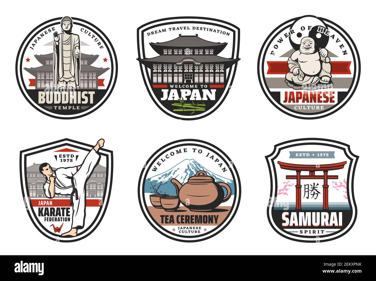 Japan tradition, culture and travel landmark icons. Vector signs of ...