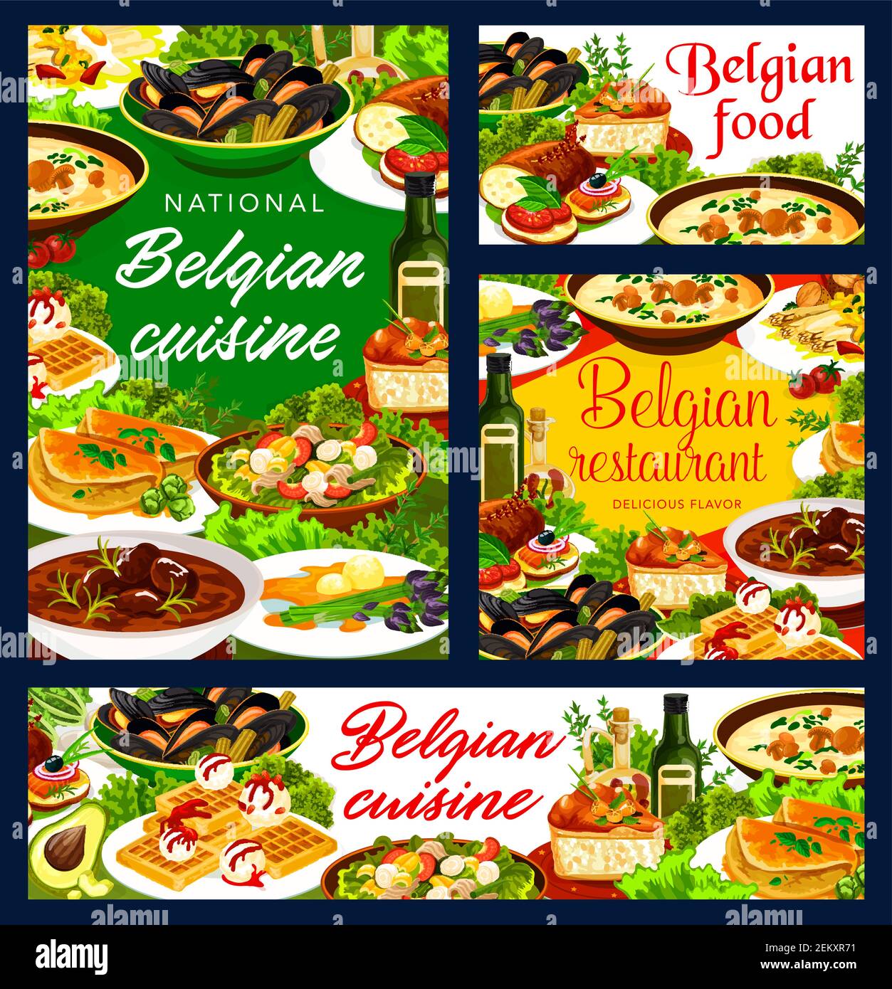 Belgian cuisine restaurant food vector banners. Beef meat stew, mussels ...