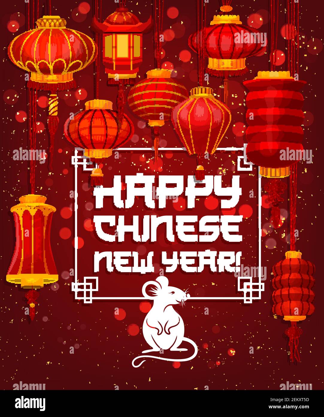 Chinese lanterns and Lunar New Year zodiac rat vector greeting card ...