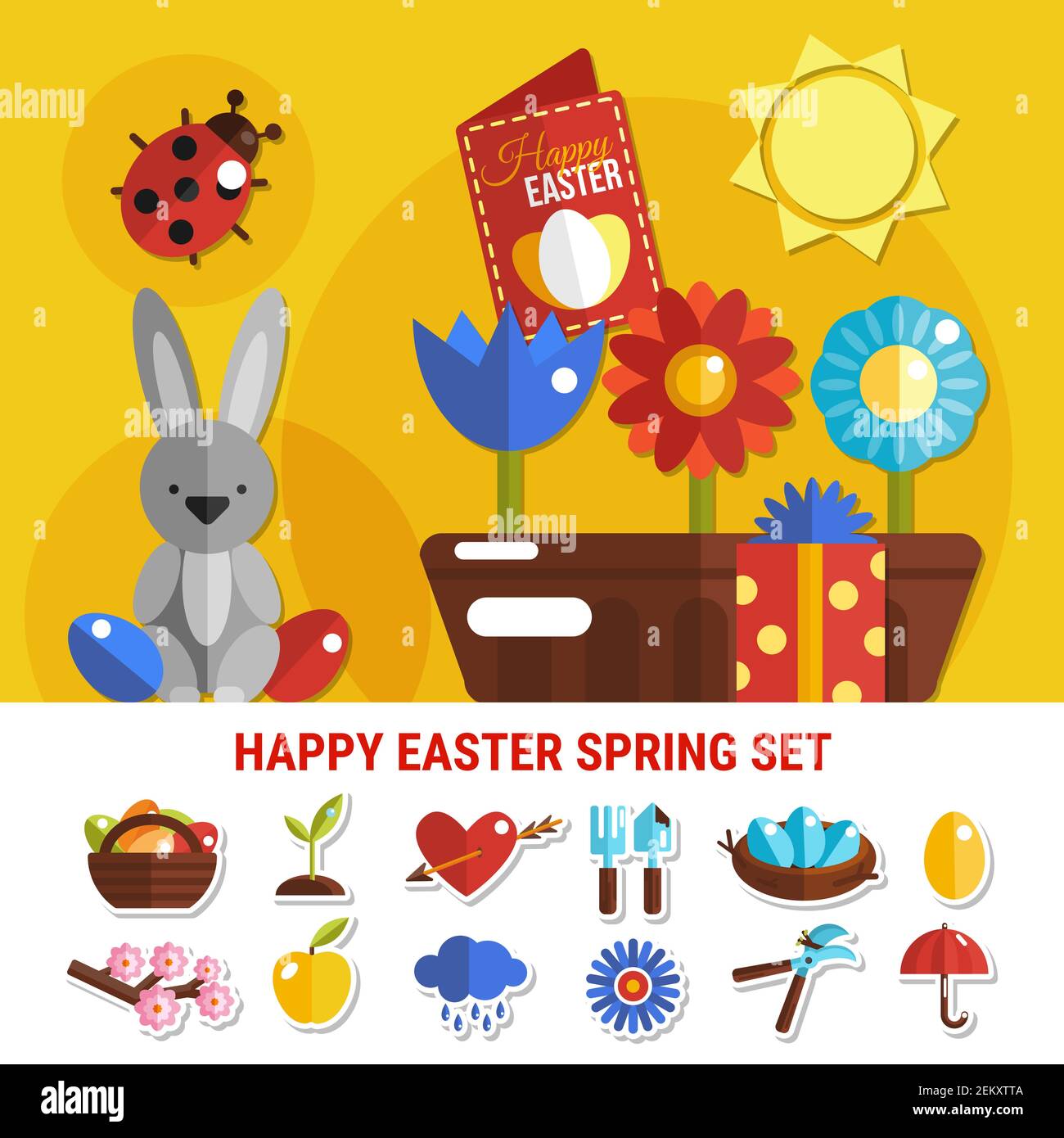 Happy easter and spring flat colorful icons set with eggs sprout ...