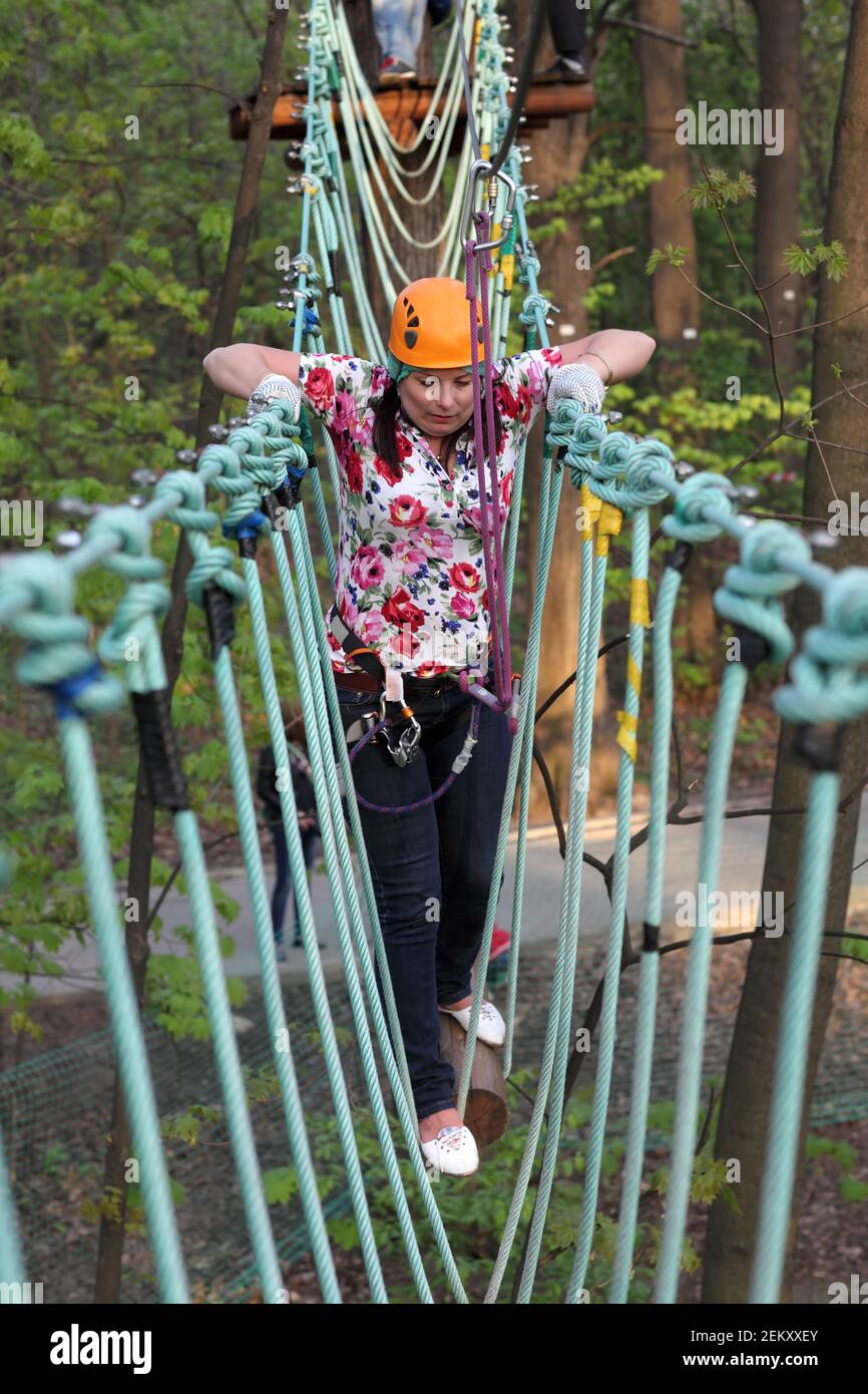 Woman climbing on a rope in the adventure park Stock Photo - Alamy