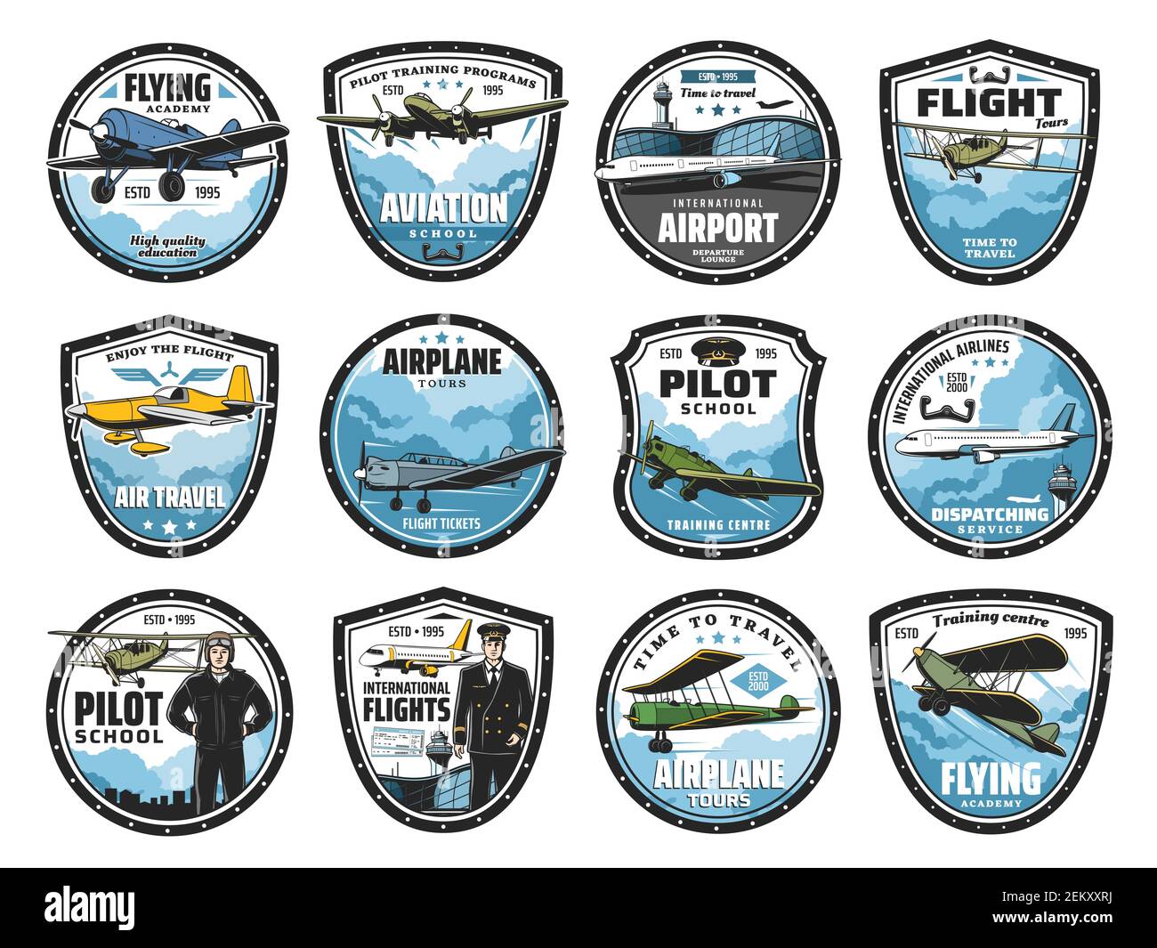 Flying academy, airplane tour and airline flight icons set. Airport ...