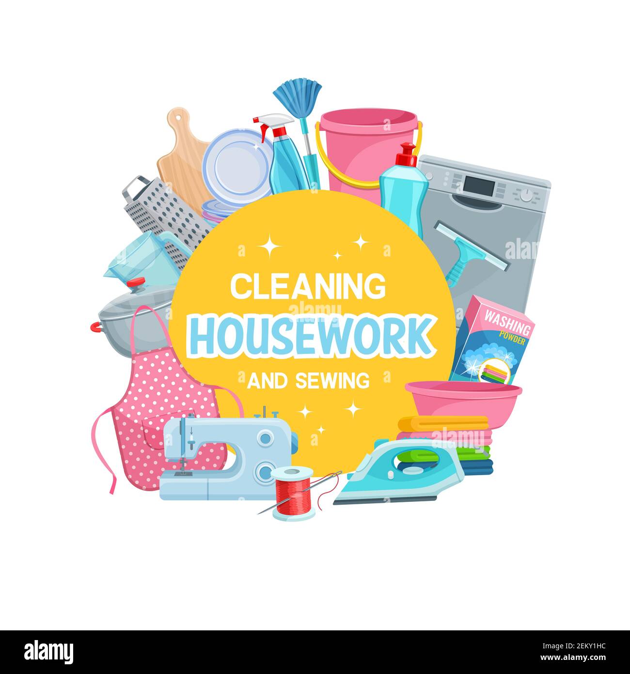 Housework tools, cleaning and sewing items banner, household appliances ...