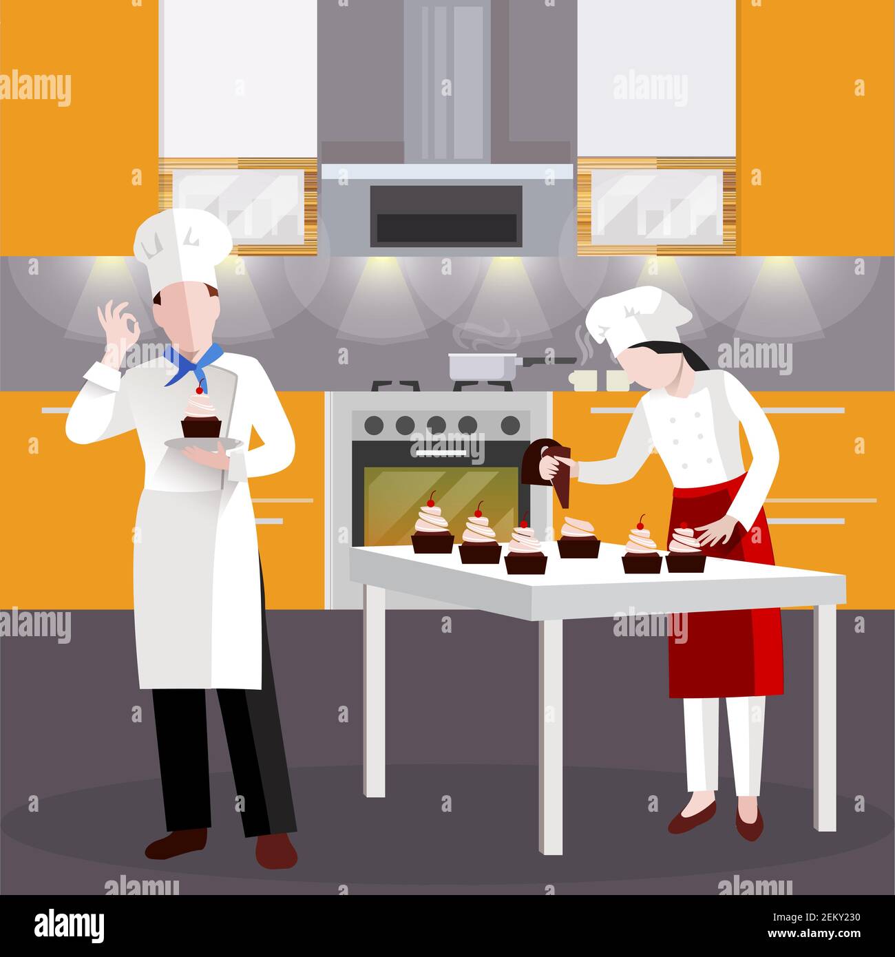 Flat cooking people in restaurant composition with cooking cakes at the ...