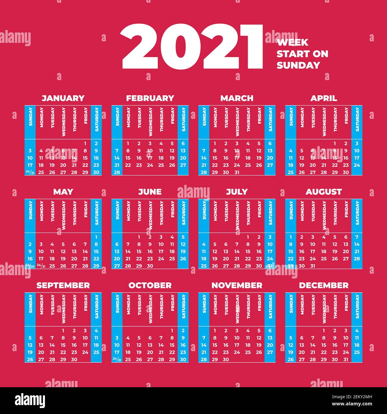 2021 Calendar template with weeks start on Sunday Stock Vector Image ...