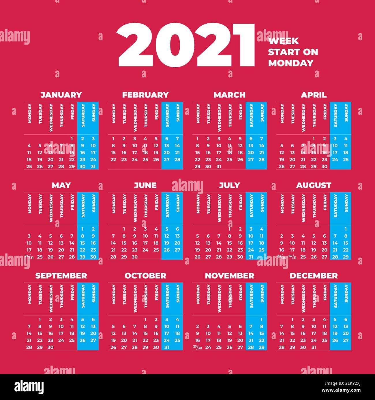 2021 Calendar template with weeks start on Monday Stock Vector Image ...