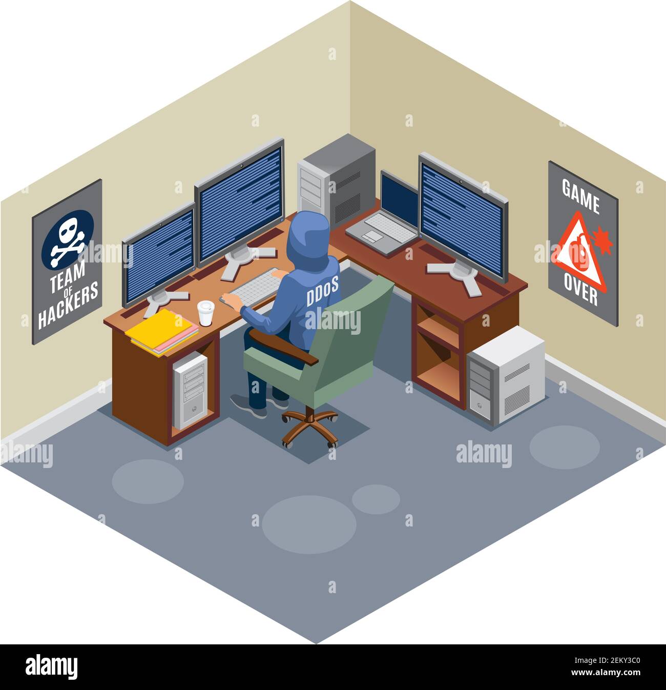 Internet threats isometric composition with anonymous hacker sitting at ...