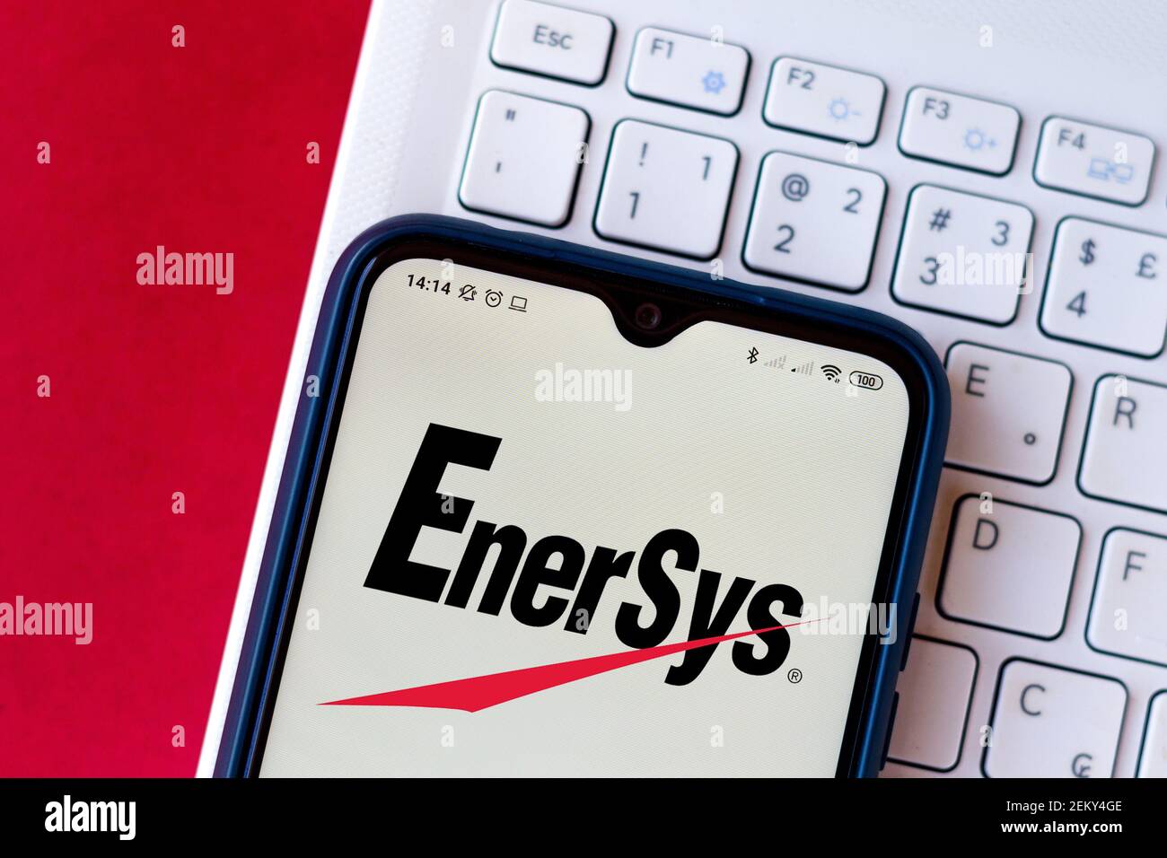 In this photo illustration the EnerSys logo seen displayed on a ...