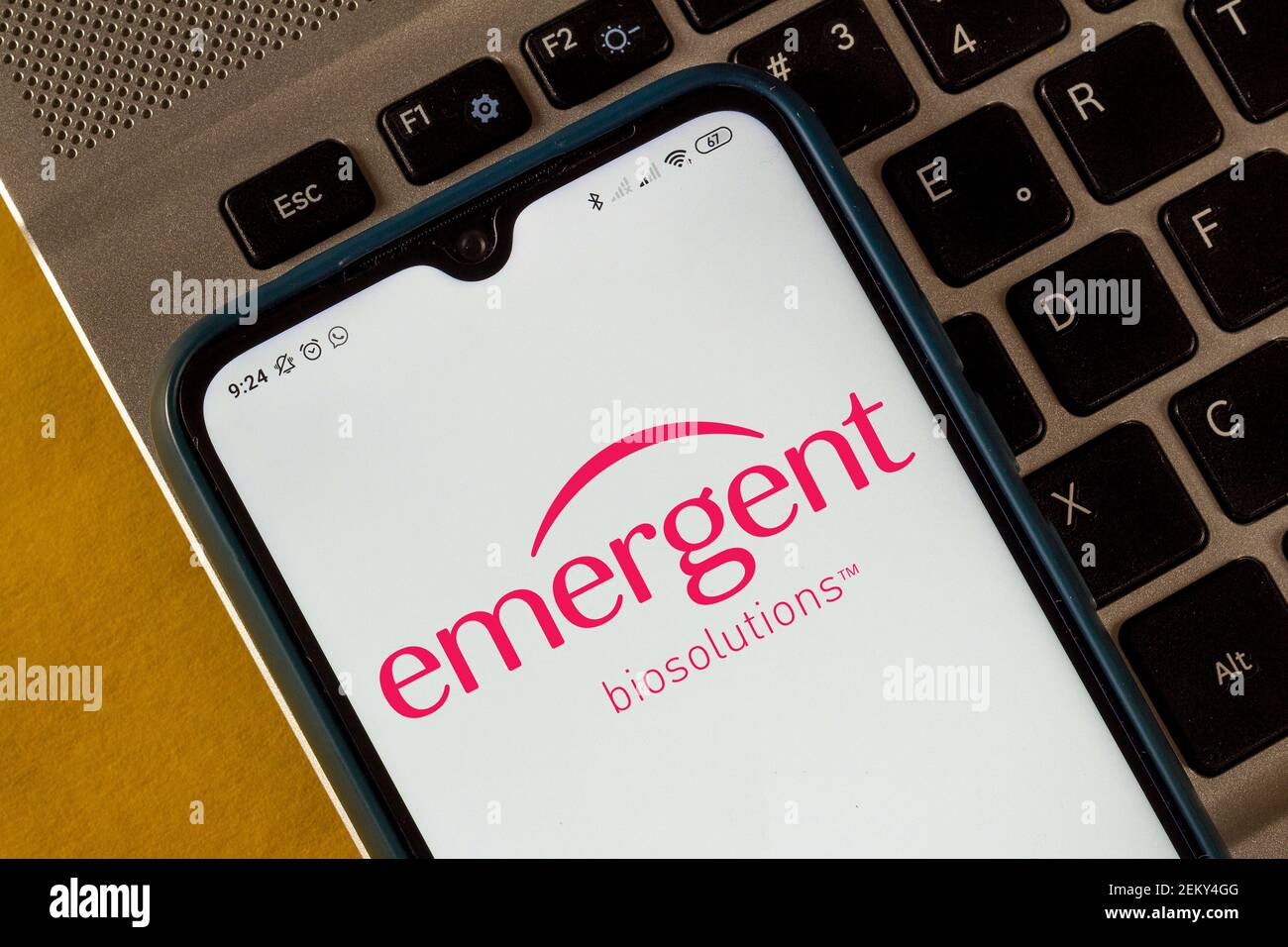 In this photo illustration the Emergent BioSolutions logo seen ...