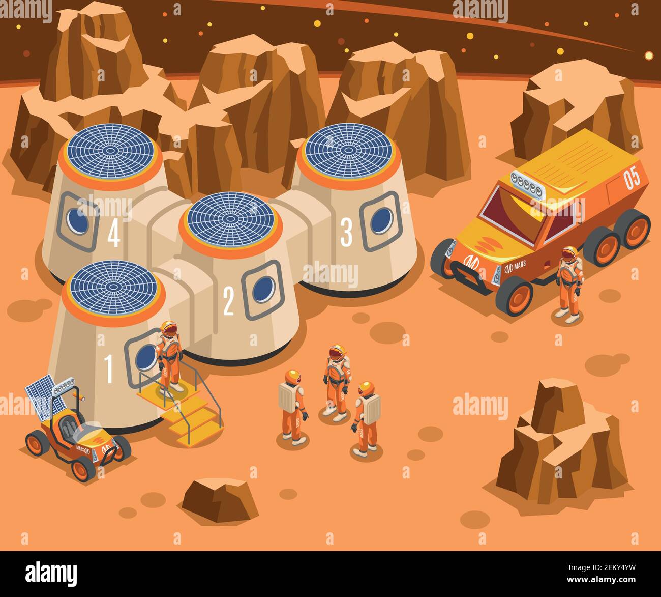 Base on mars with astronauts in environmental suits, transportation ...