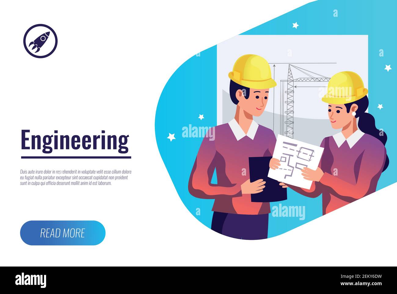Engineering flat poster with two young builders in helmets against hand ...