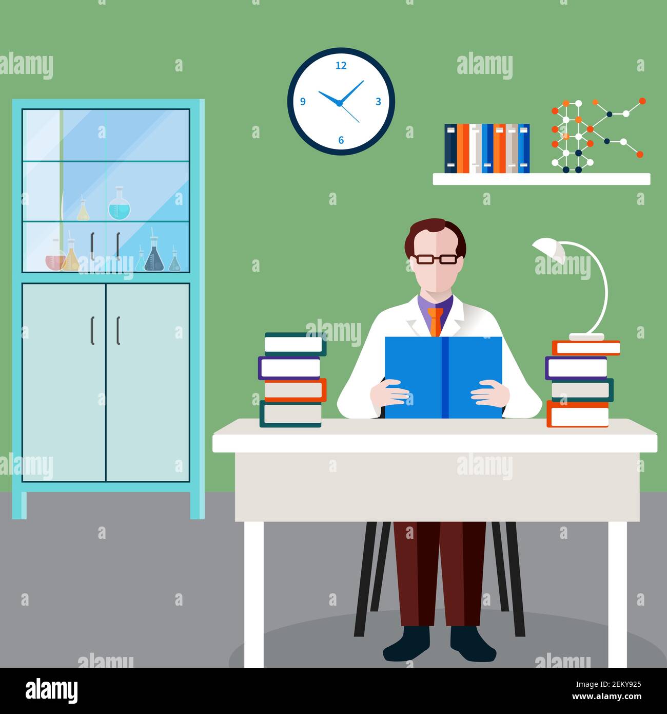 Scientists people composition with man at the table in his office ...