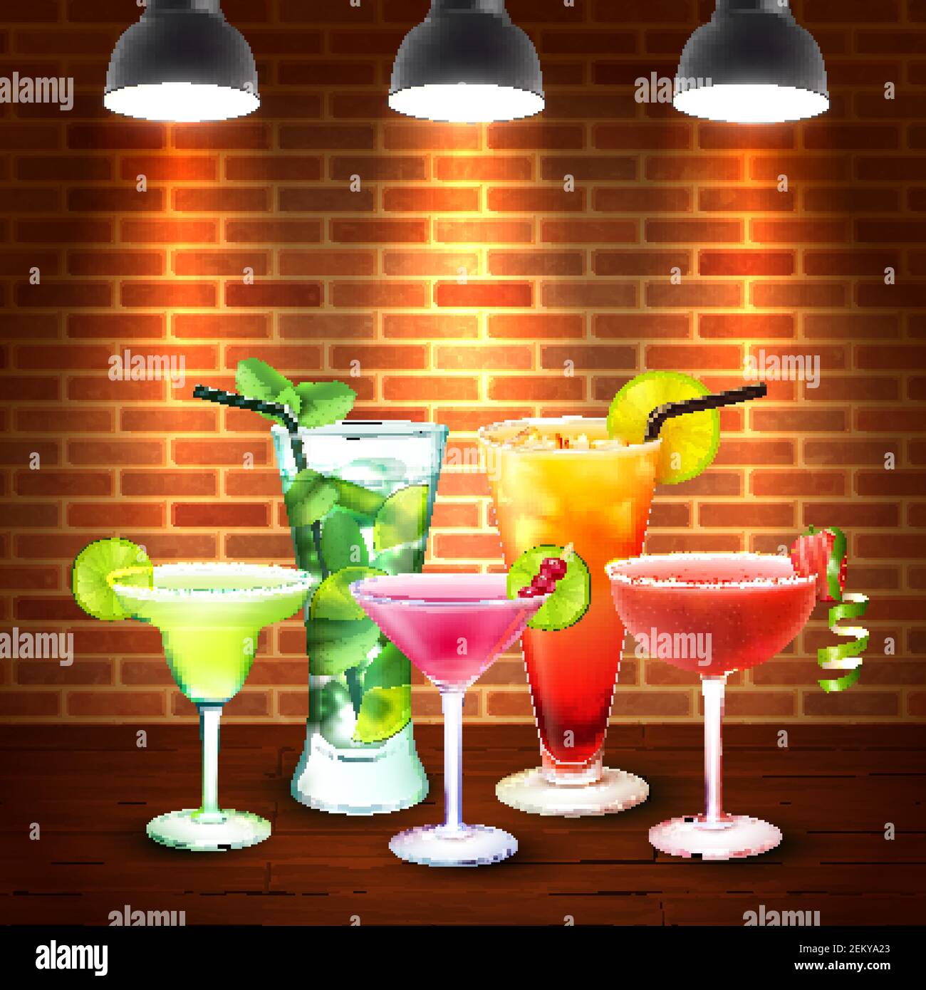 Cocktails realistic colored composition with five different cocktails ...