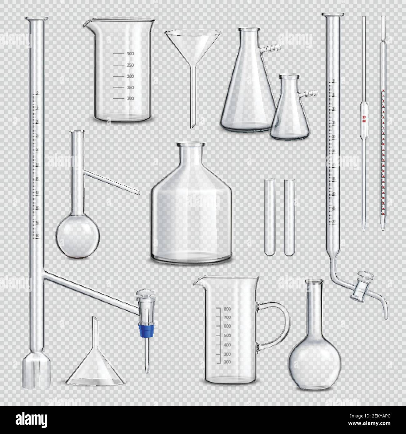 Laboratory glassware transparent set with science symbols realistic ...
