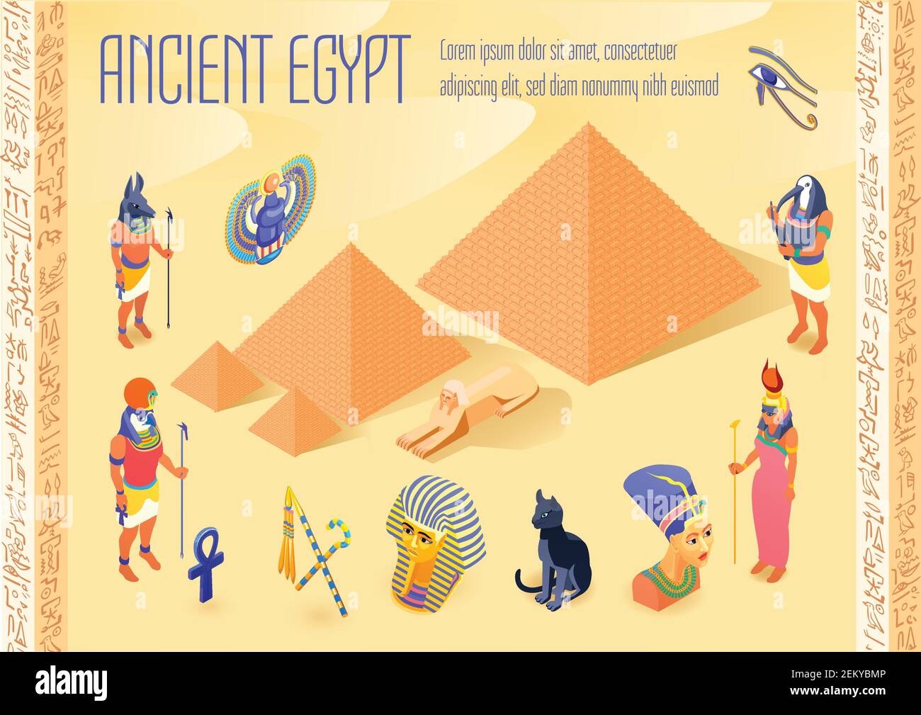 Isometric poster with various symbols of ancient egypt pyramids ...