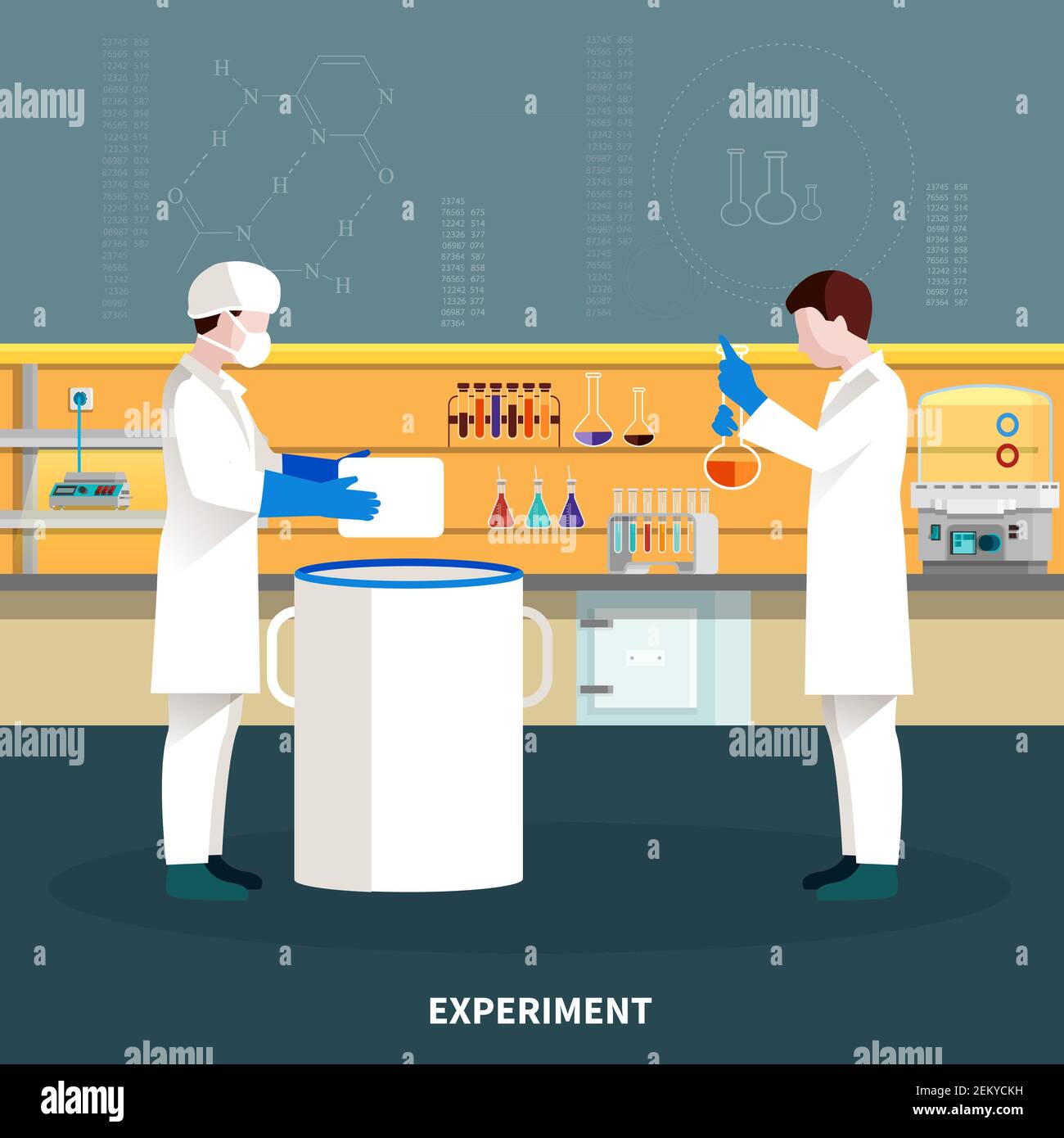 Two colored flat scientists people composition conducting an experiment ...