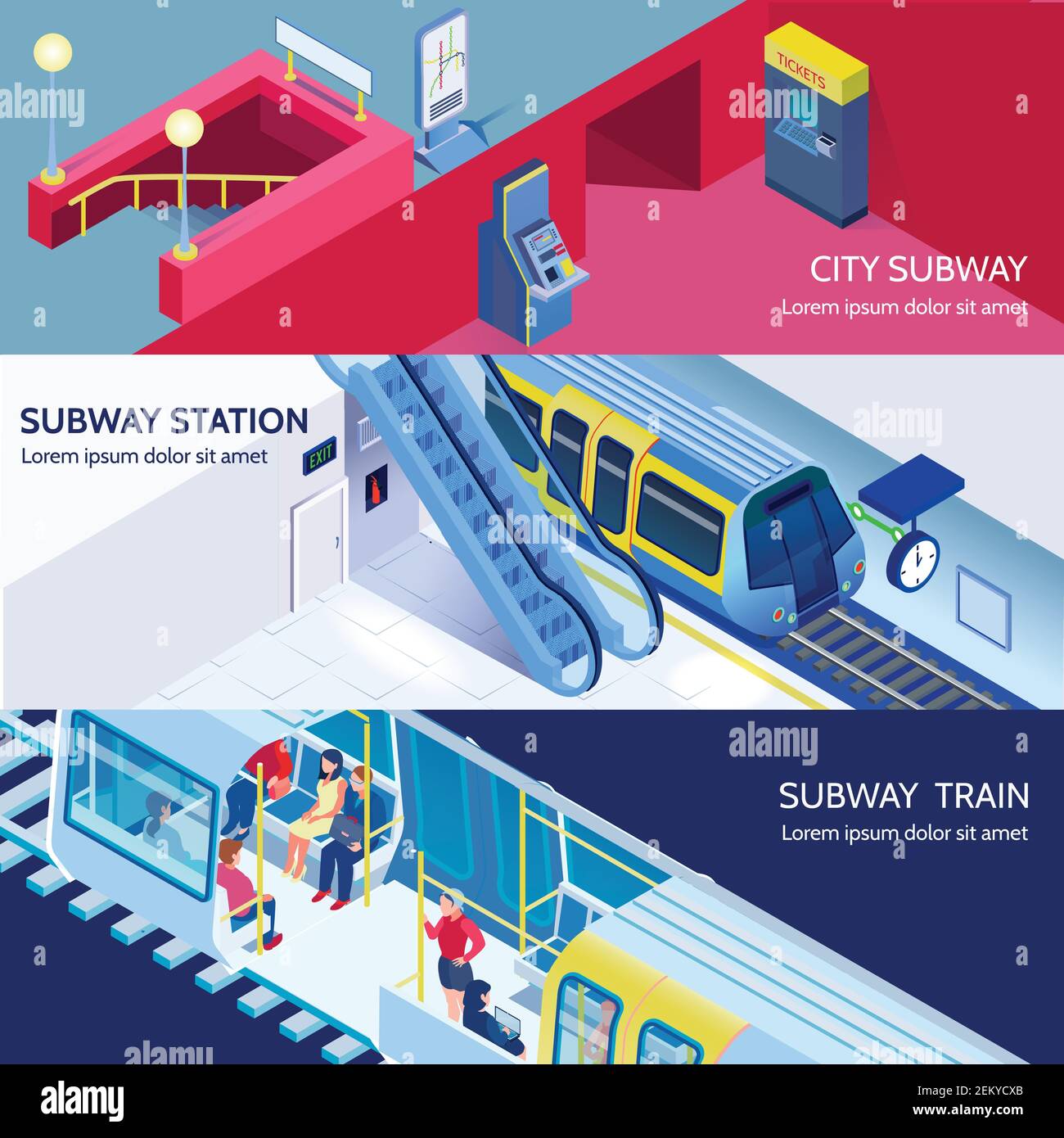 Underground subway station and train isometric horizontal banners set ...
