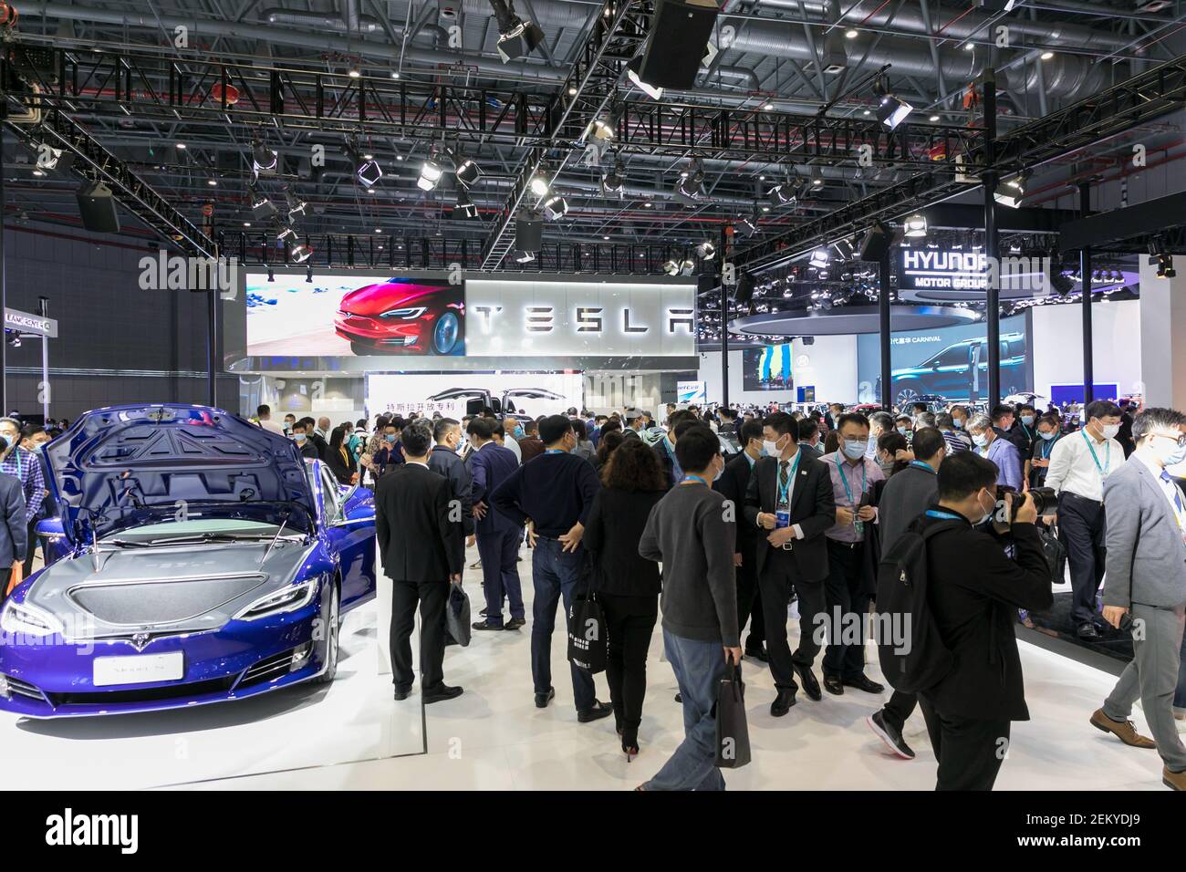 SHANGHAI, CHINA - NOVEMBER 6, 2020 - People view a Tesla Model 3 ...
