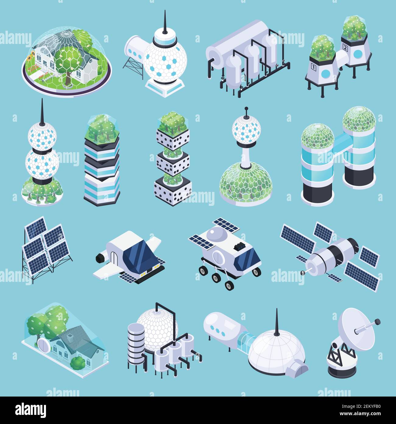 Space colonization terraforming isometric icons set with isolated ...
