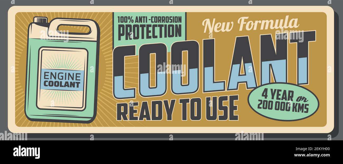 Car engine coolant retro banner of vector jerry can with antifreeze ...