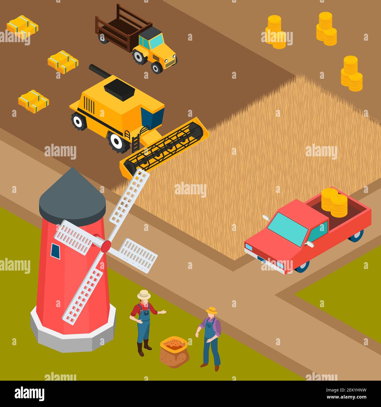 Isometric background with two farmers machinery and mill on farm 3d ...