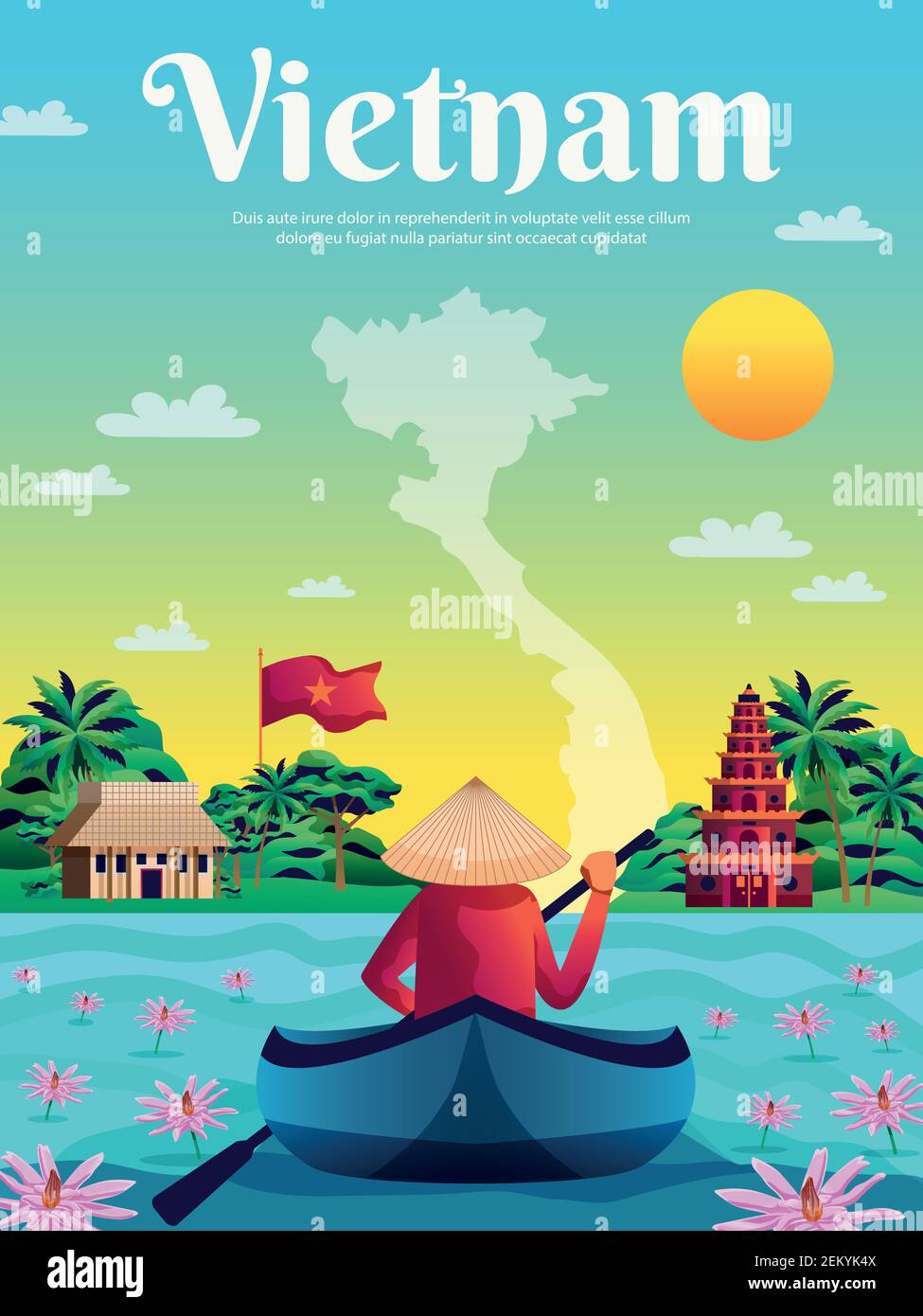 Vietnam poster with colored landscape map national flag and native in ...