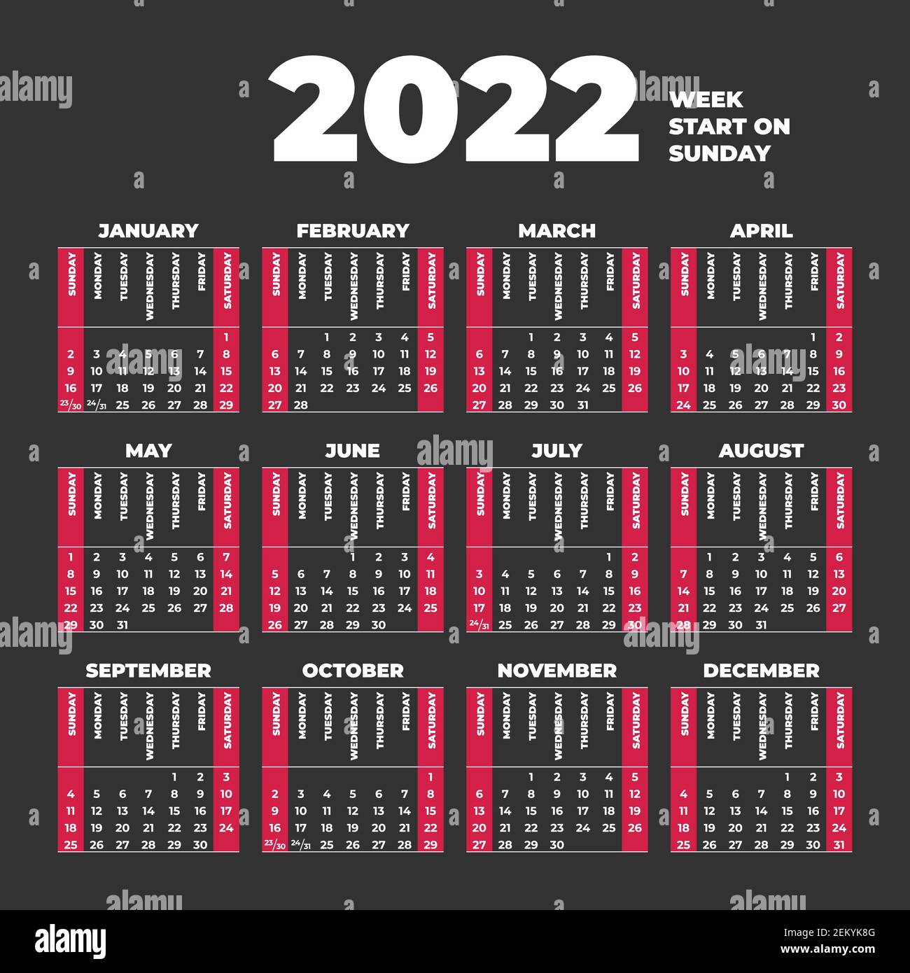 2022 Calendar template with weeks start on Sunday Stock Vector Image ...