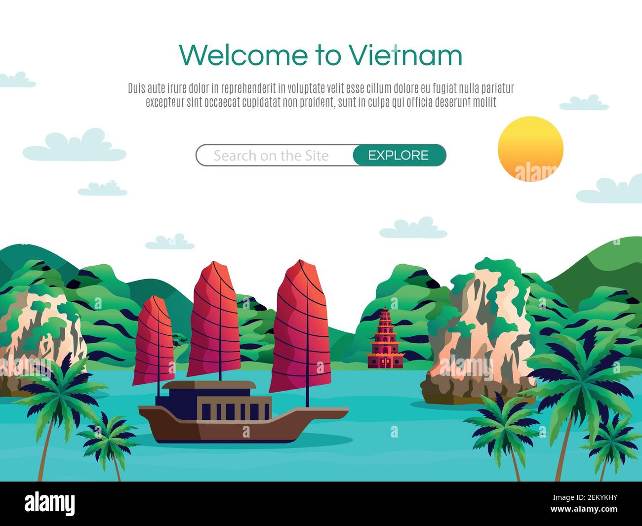 Welcome to vietnam cartoon vector illustration demonstrating sailboat ...