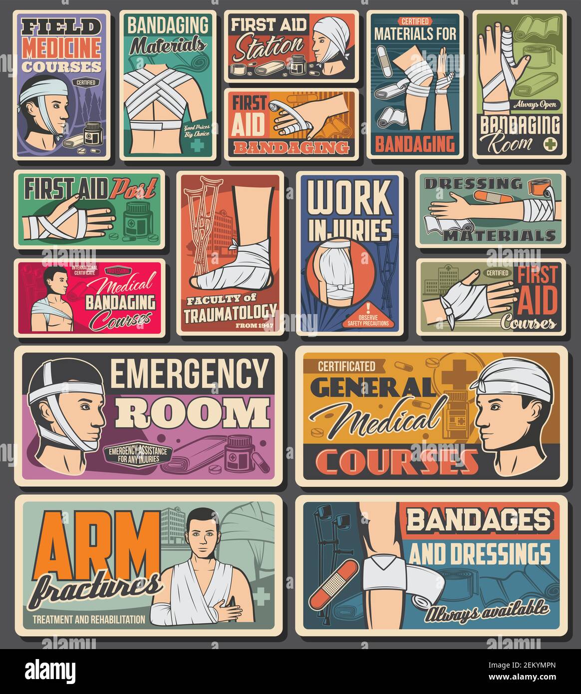 Bandage, emergency aid medicine retro vector banners. Medical ...