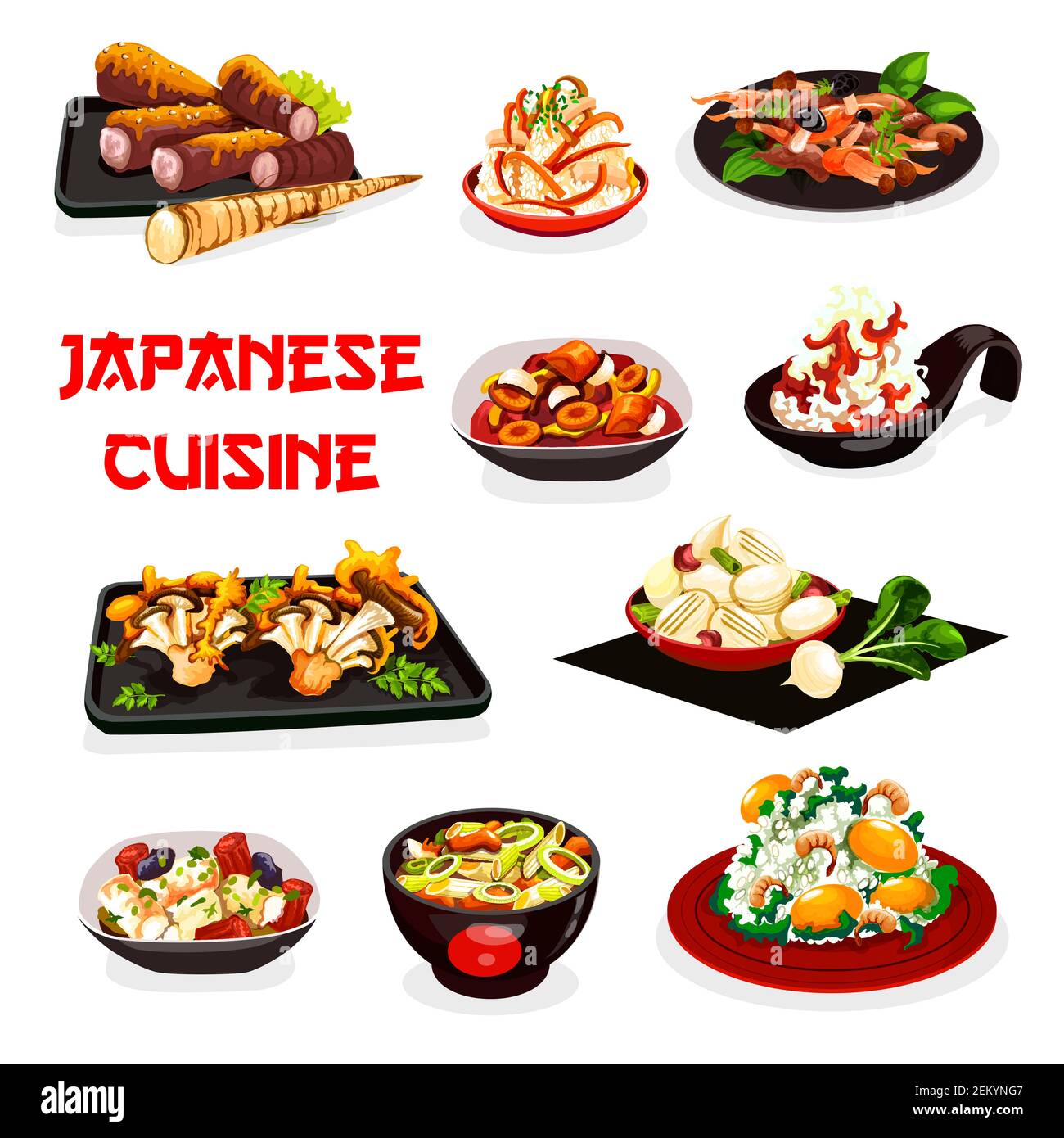 Japanese food vector design of rice dishes with shrimp, ginkgo seeds ...