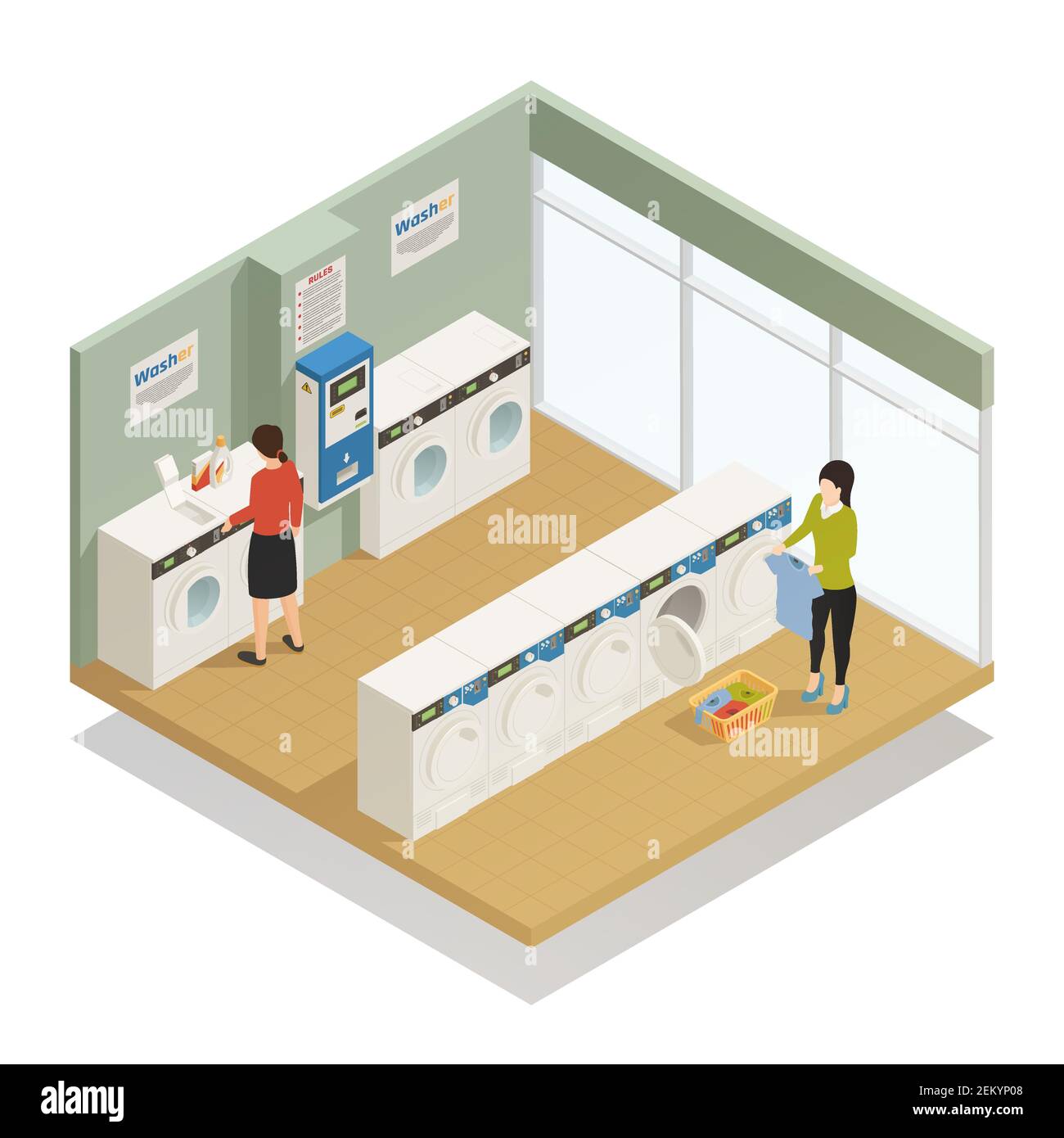 People in laundry room with several washing machines isometric ...