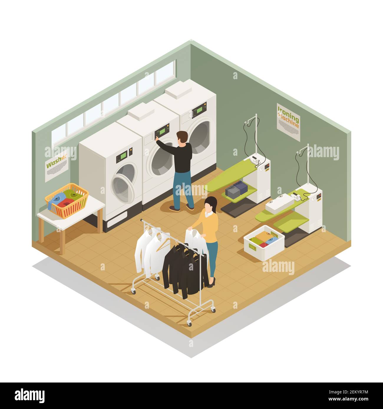 Two people in laundry room with modern equipment isometric composition ...