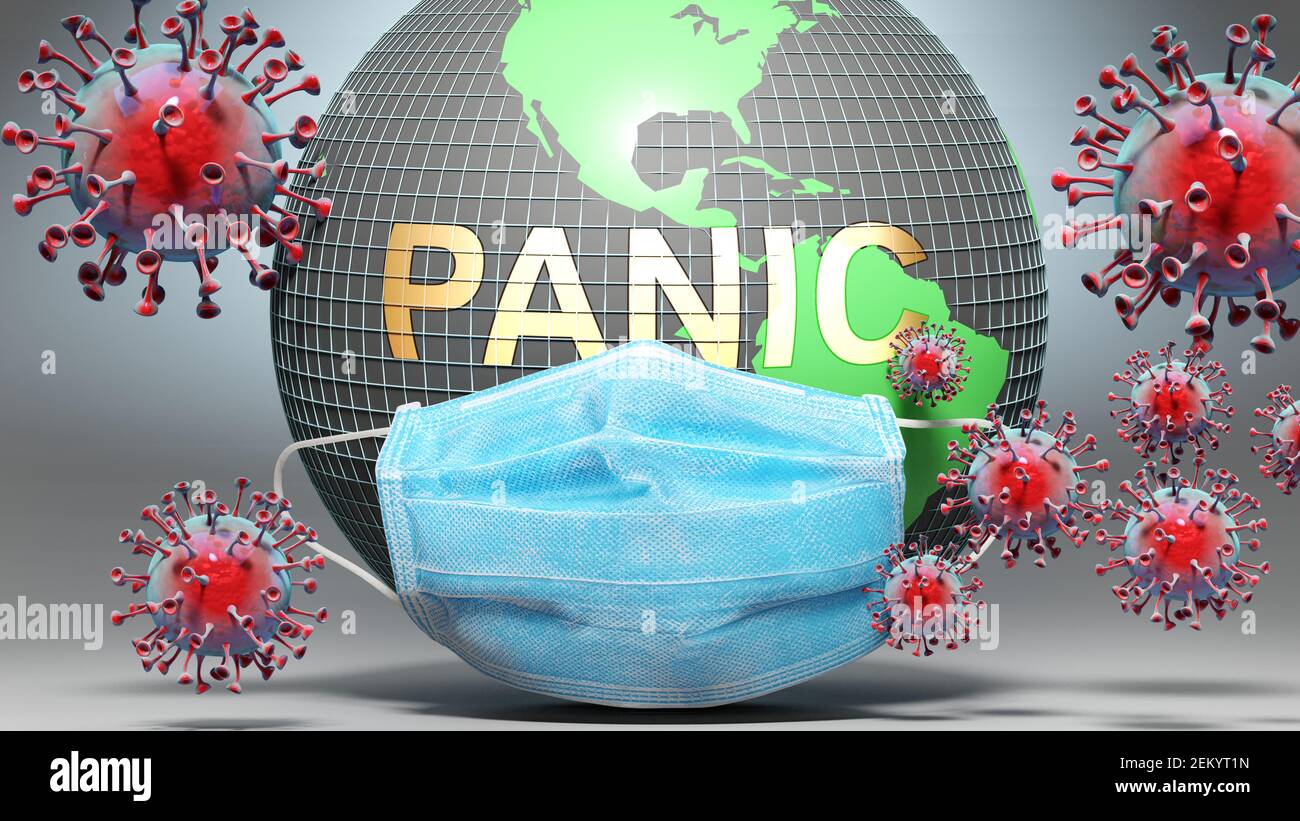 Panic and covid - Earth globe protected with a blue mask against ...