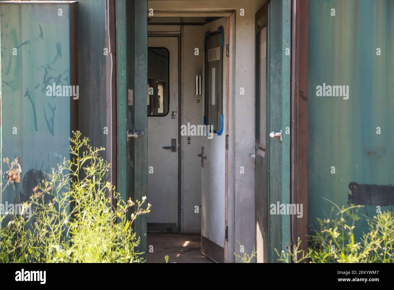 There are piles of abandoned green-skinned trains on the train ...