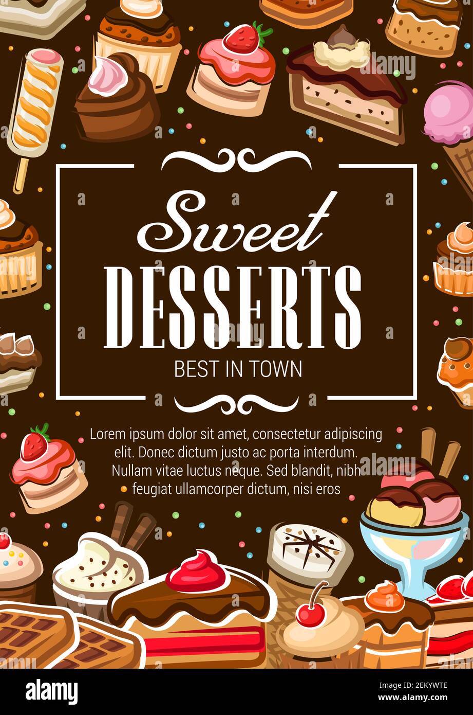 Bakery sweet desserts, chocolate cakes and cupcakes, patisserie menu ...
