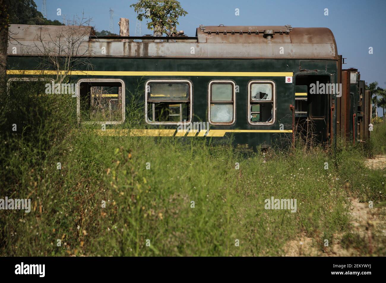 There are piles of abandoned green-skinned trains on the train ...
