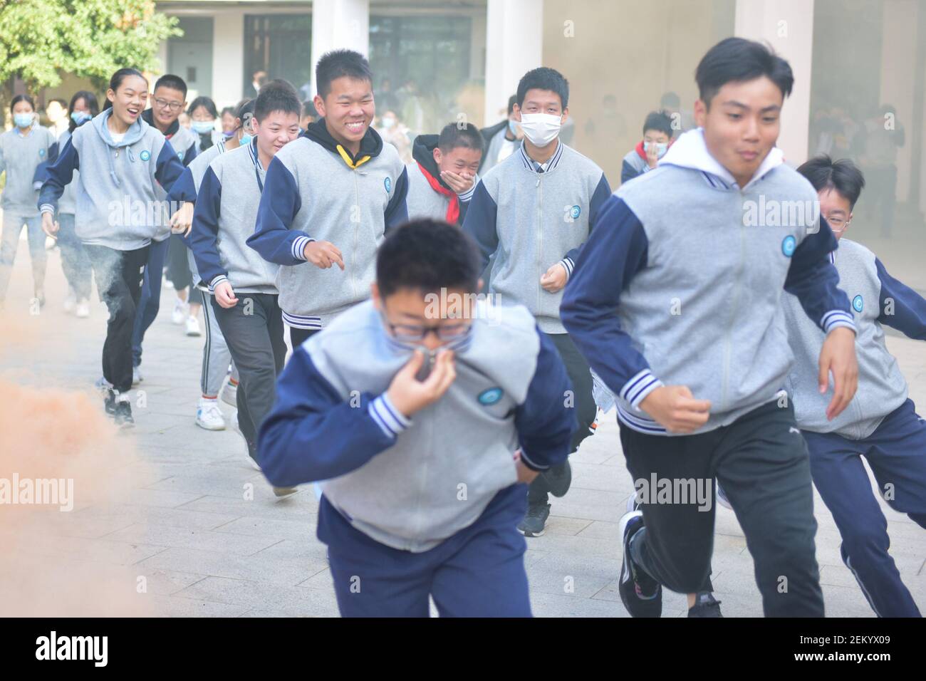 A school conducts a fire drill on the National Fire Day to improve the ...