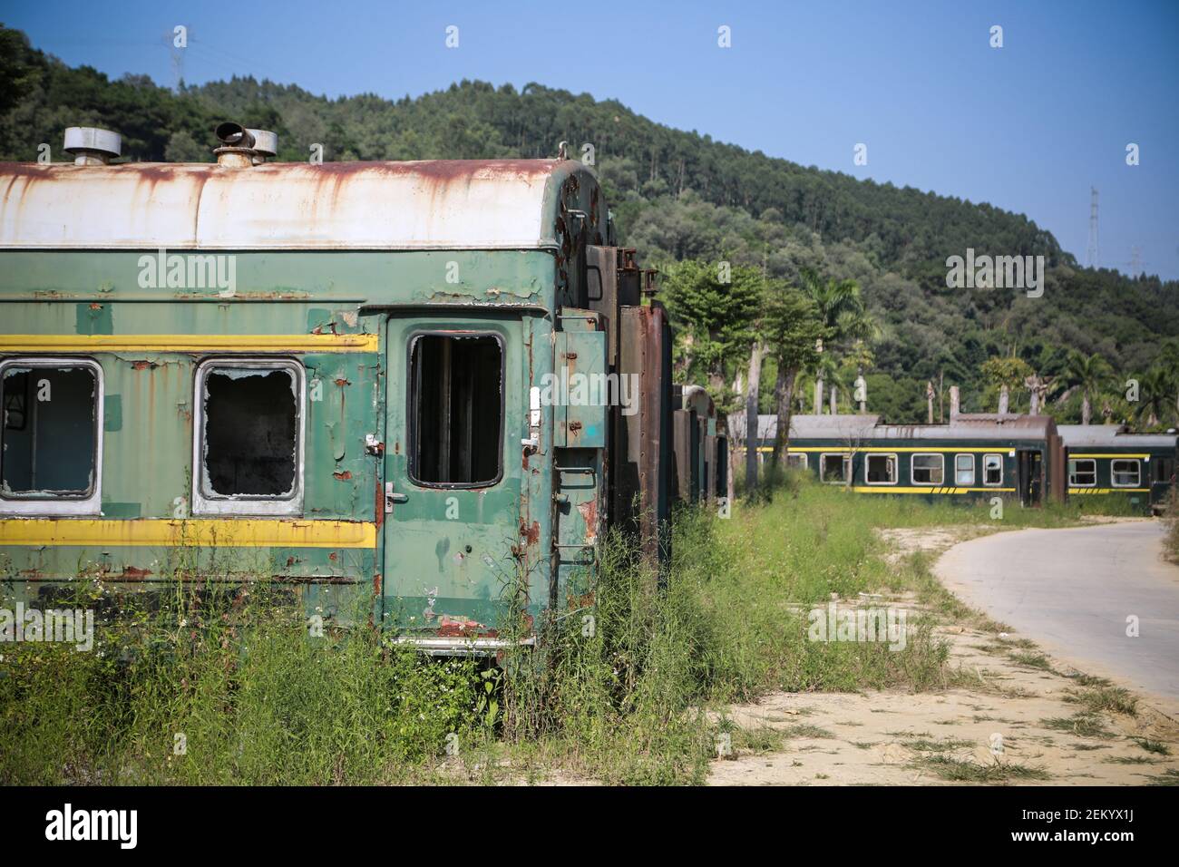 There are piles of abandoned green-skinned trains on the train ...