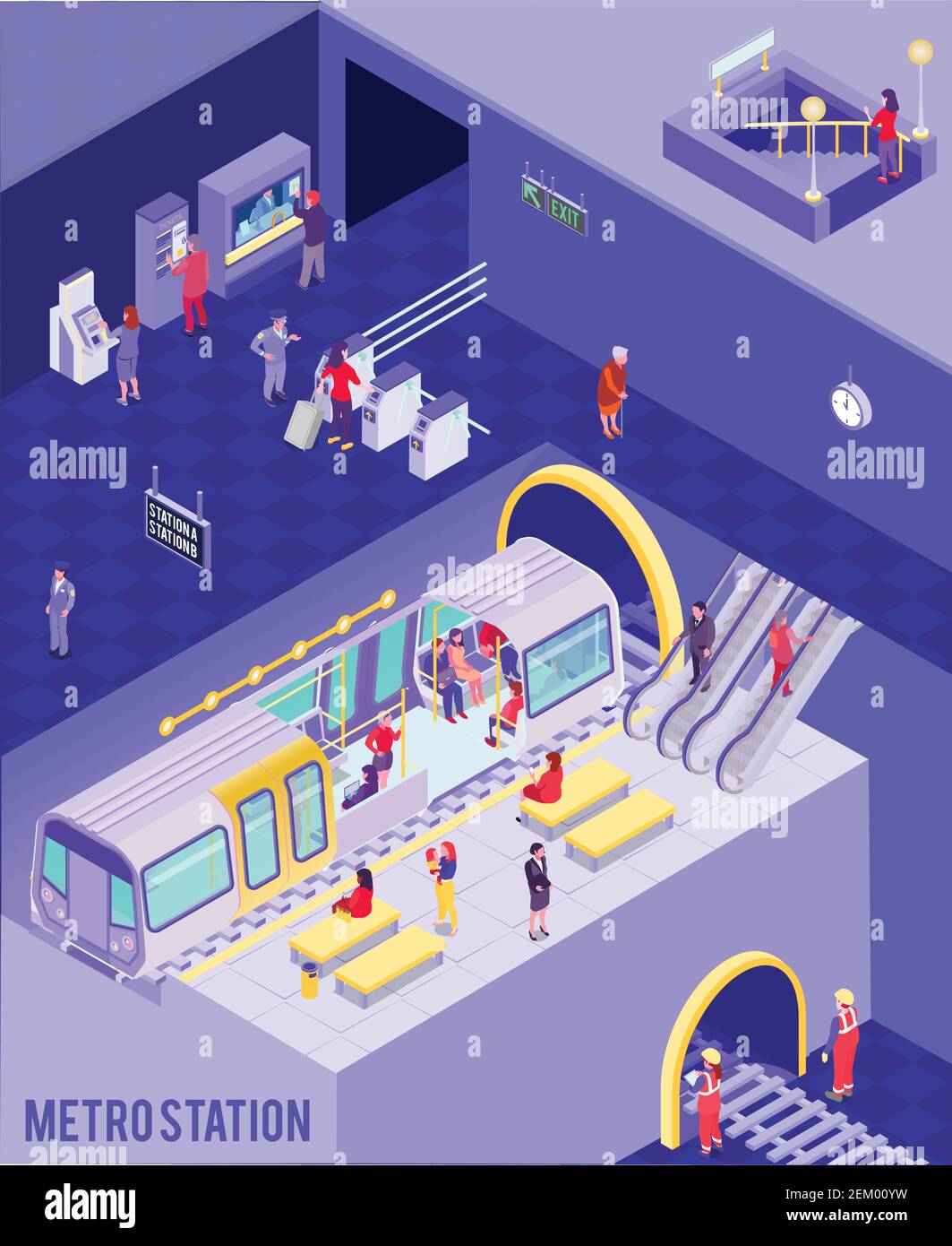 Colorful isometric poster with people at underground metro station 3d ...